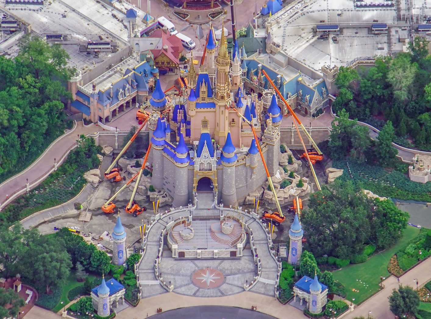Rose gold Cinderella Castle '50th Anniversary update' seen from the sky