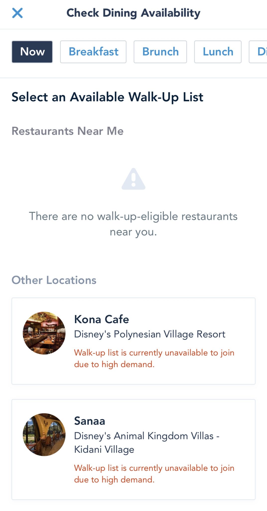 Walk-up dining availability restaurant search added to My Disney Experience