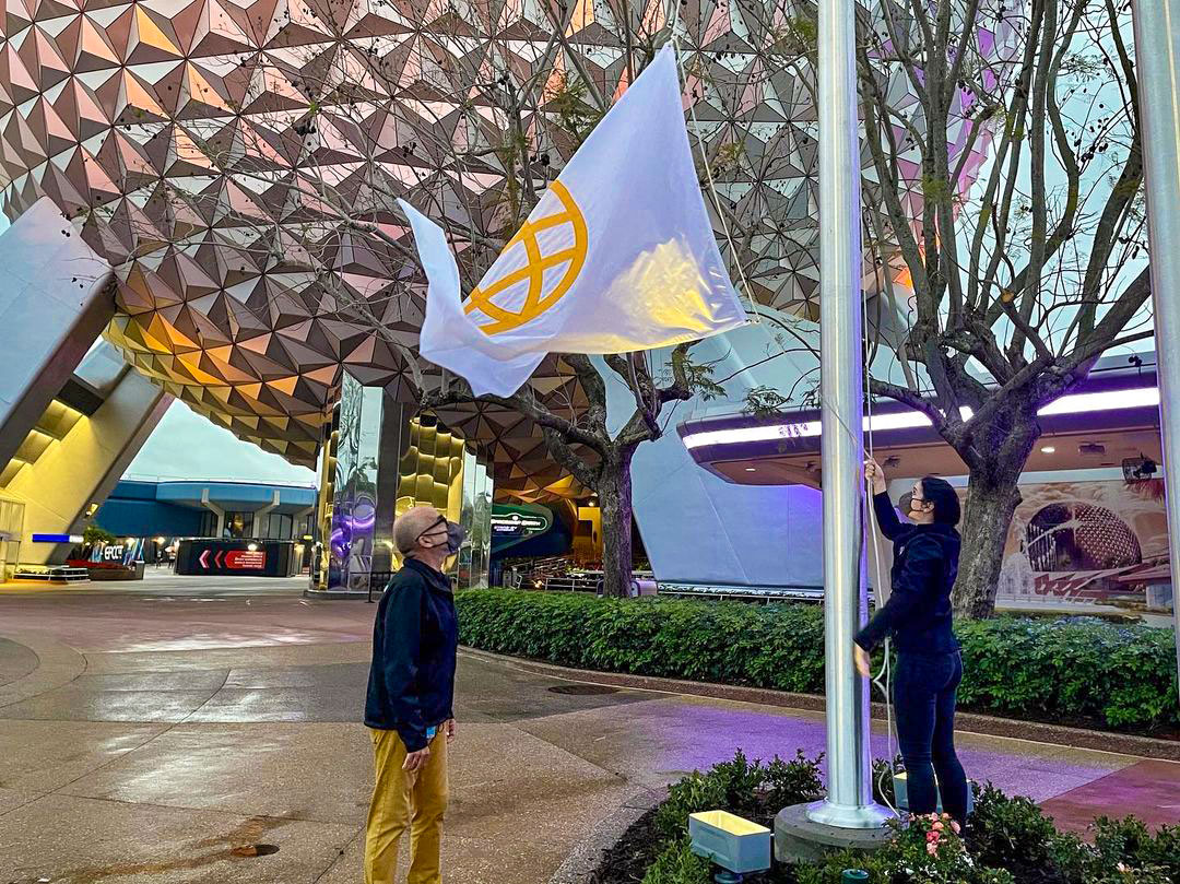 Original Epcot icon design flags debut at reimagined park entrance