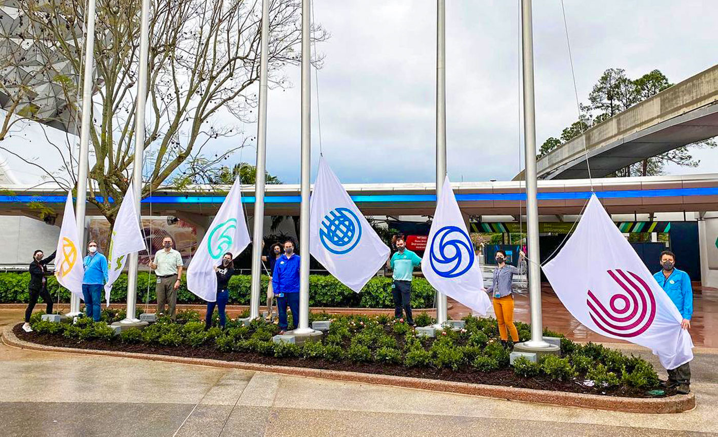 Original Epcot icon design flags debut at reimagined park entrance