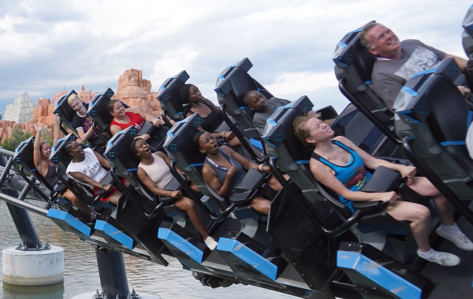 Happy, funny, fearful faces on Jurassic World VelociCoaster