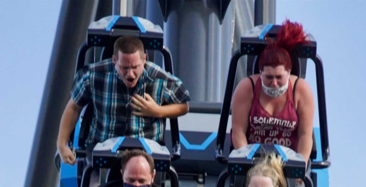 Happy, funny, fearful faces on Jurassic World VelociCoaster