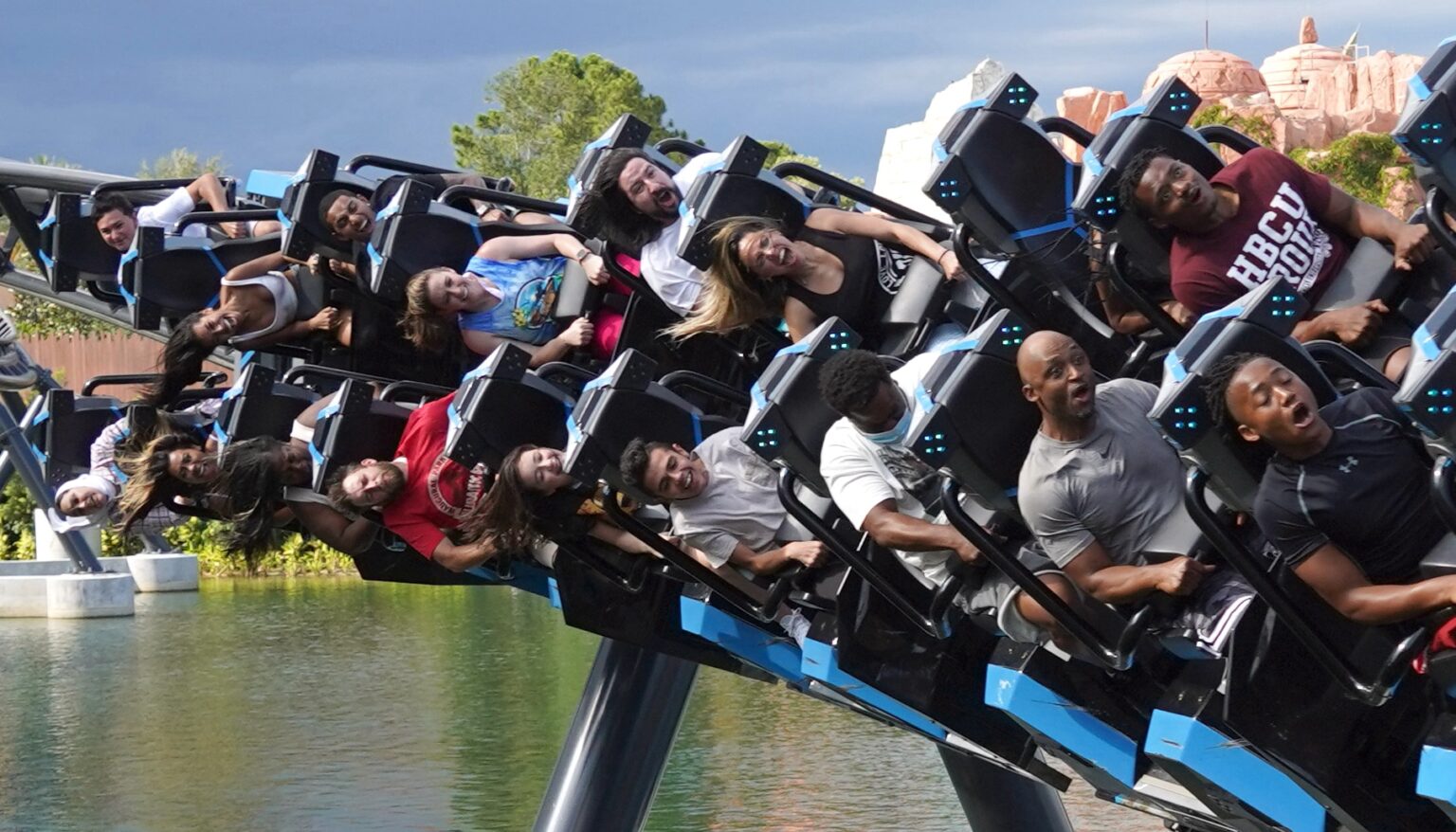 Happy, funny, fearful faces on Jurassic World VelociCoaster