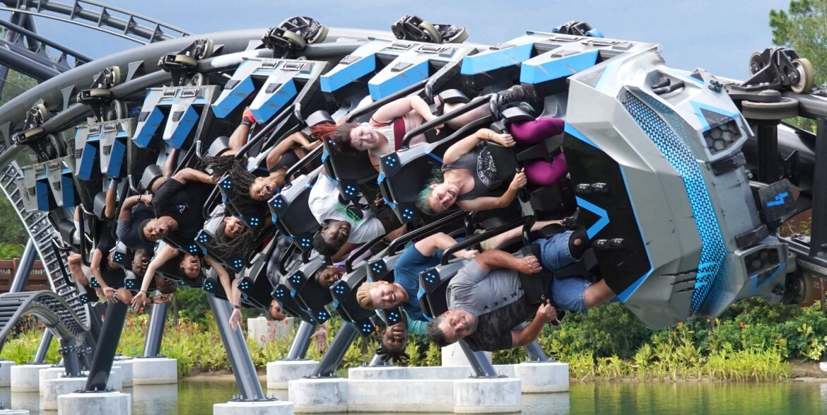 Happy, funny, fearful faces on Jurassic World VelociCoaster