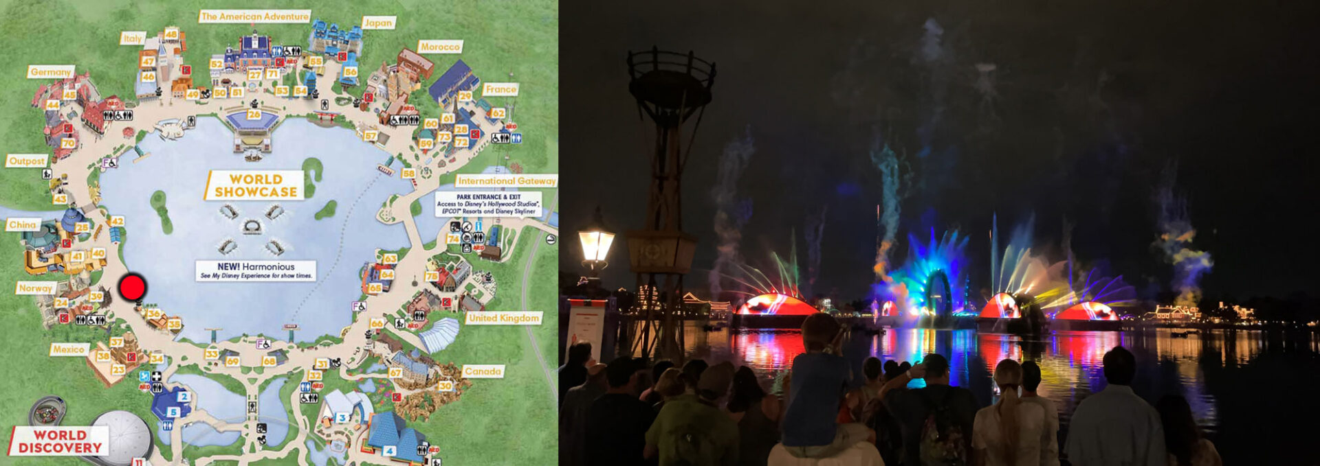 Best places to watch Harmonious fireworks around the Lagoon at Epcot