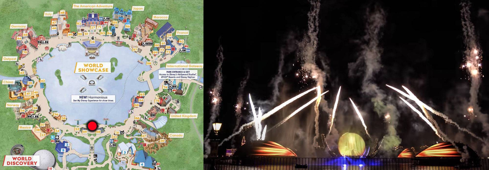 Best places to watch Harmonious fireworks around the Lagoon at Epcot