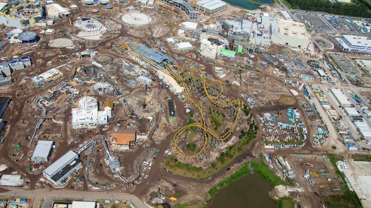 Space-themed dueling roller coaster construction at Epic Universe