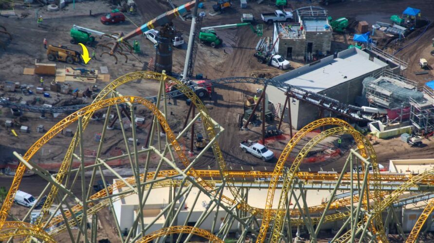 Space-themed dueling roller coaster construction at Epic Universe