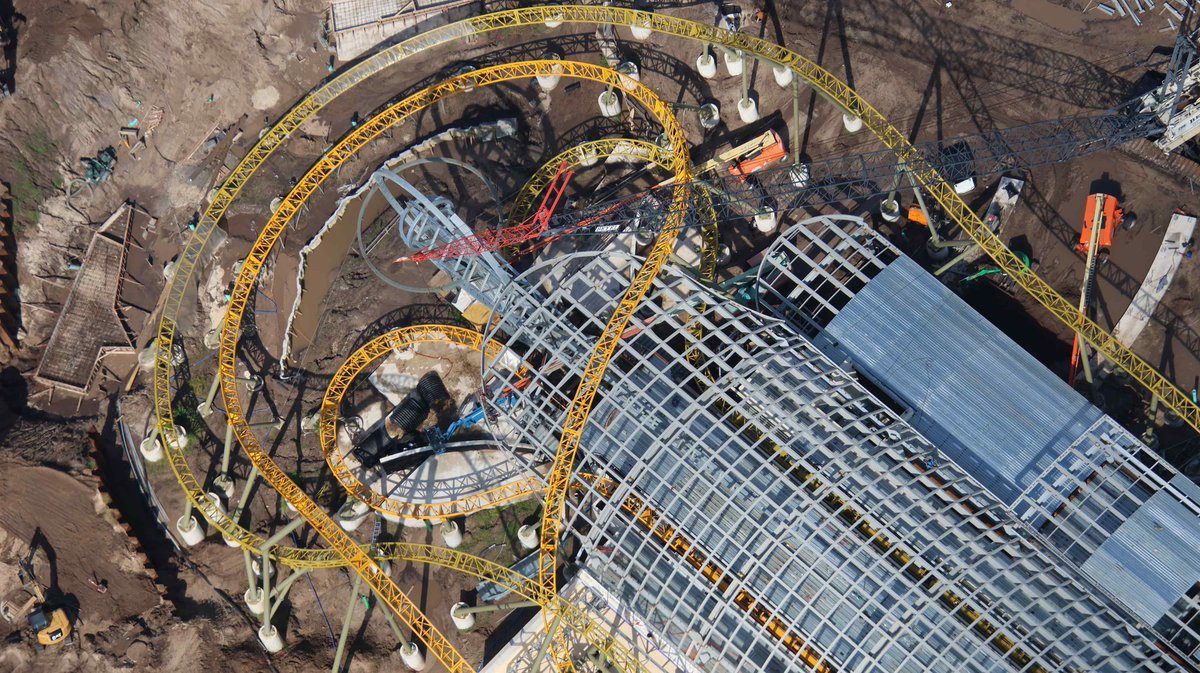 Space-themed dueling roller coaster construction at Epic Universe