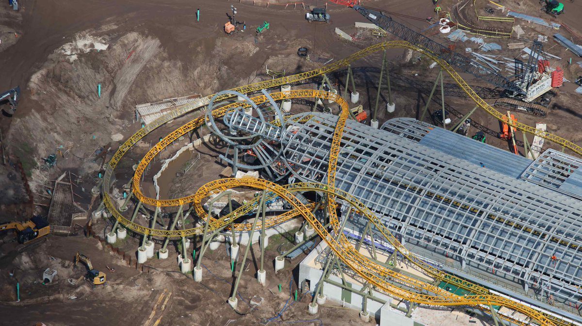 Space-themed dueling roller coaster construction at Epic Universe