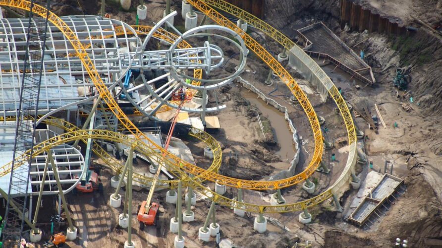 Space-themed dueling roller coaster construction at Epic Universe