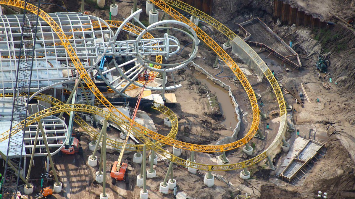 Space-themed dueling roller coaster construction at Epic Universe
