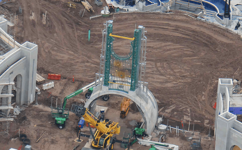 Construction: Chronos Device rises at Epic Universe park entrance