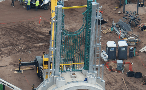 Construction: Chronos Device rises at Epic Universe park entrance