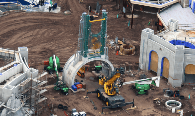 Construction: Chronos Device rises at Epic Universe park entrance