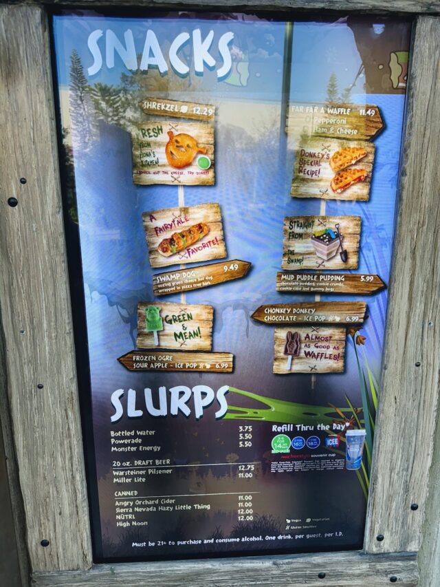 DreamWorks Land snack menus with prices (Shrekzel!)