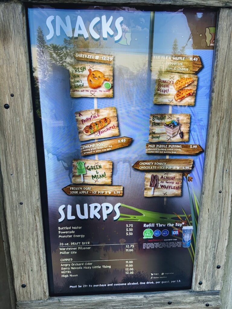 DreamWorks Land snack menus with prices (Shrekzel!)