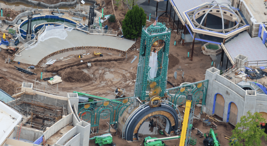 Epic Universe construction update: entrance sign, Chronos tower