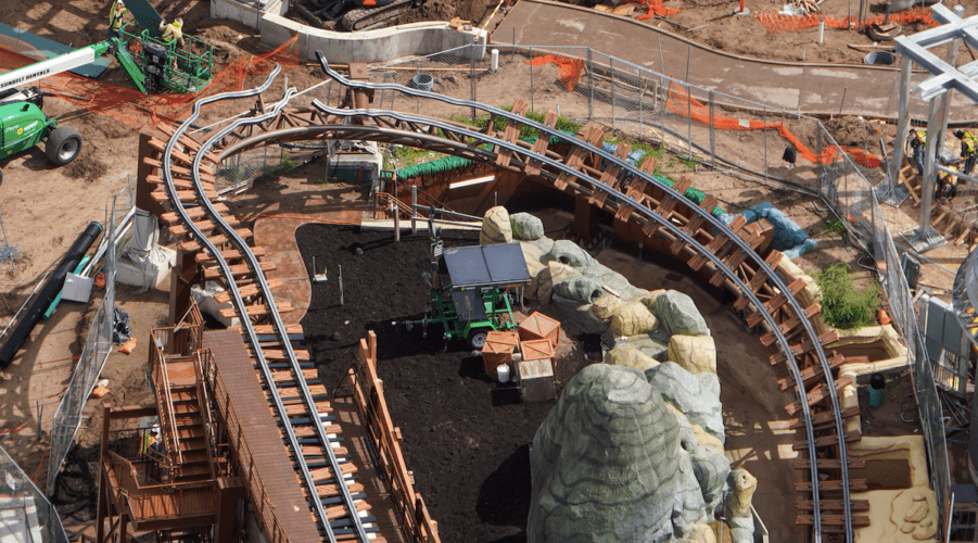 Epic Universe construction update: Donkey Kong coaster on tracks
