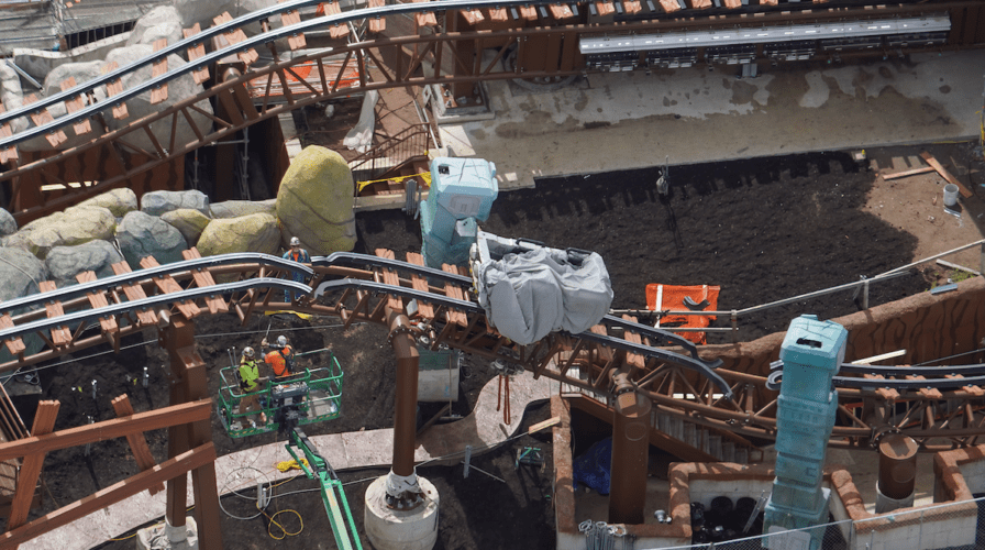 Epic Universe construction update: Donkey Kong coaster on tracks