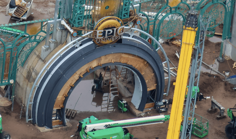Epic Universe construction update: entrance sign, Chronos tower