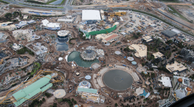 Epic Universe construction: Celestial Park water, Chronos tower