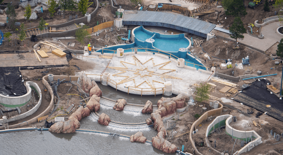 Epic Universe construction: Celestial Park water, Chronos tower