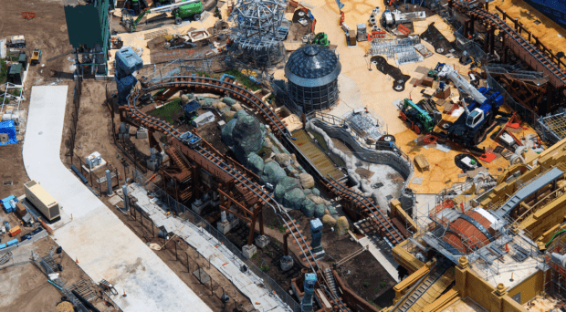 Epic Universe coasters testing, sculptures installed