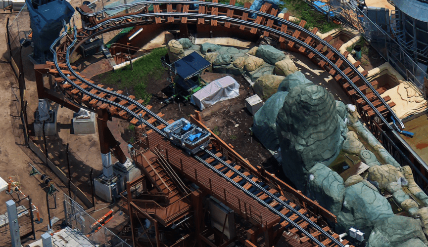 Epic Universe coasters testing, sculptures installed