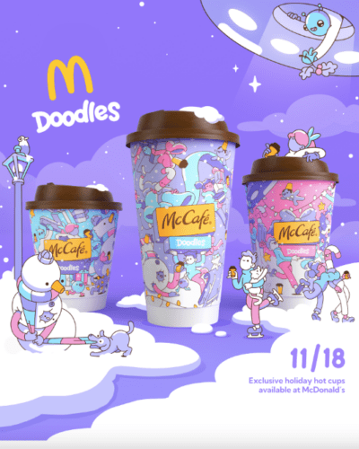 McDonald's Doodles holiday cups with digital apparel for avatars