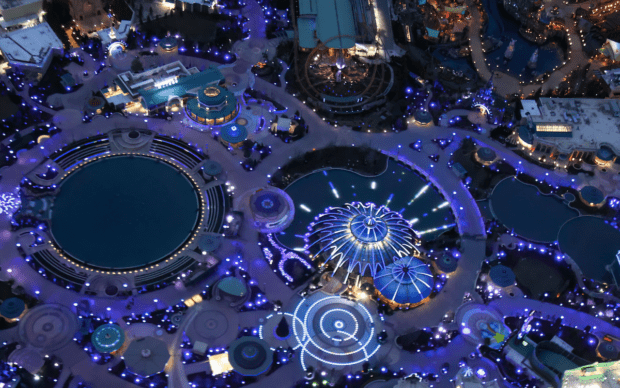 Epic Universe at night construction update with lighting tests