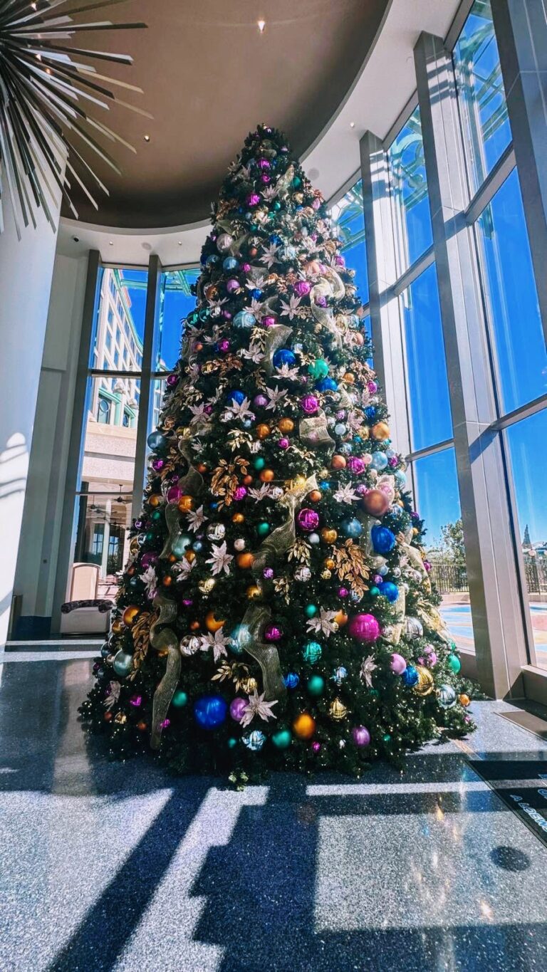 Epic Universe Christmas holiday decorations in Celestial Park